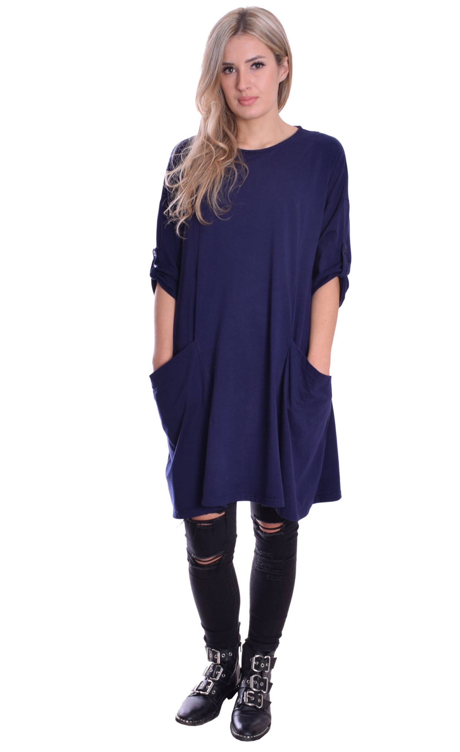 Ladies Tunic Dress With Pockets Pull up Sleeve Navy Blue Loose - Etsy UK