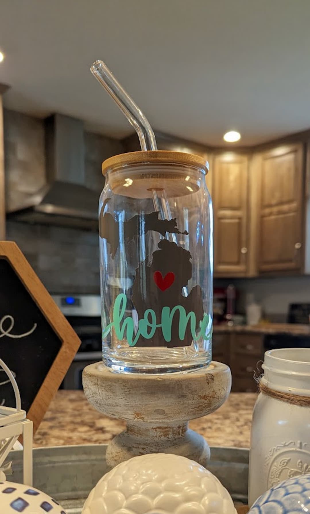Michigan Libby Soda Glass With Bamboo Lid and Glass Straw, 16 Oz - Etsy
