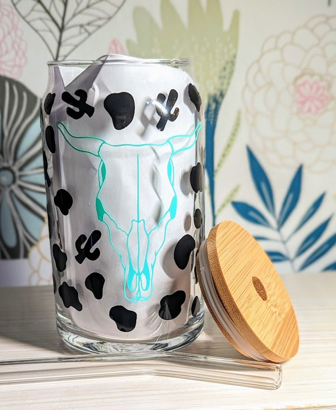 Cow Skull/ Cow Print, Cactus Libby Glass With Bamboo Lid and Glass ...