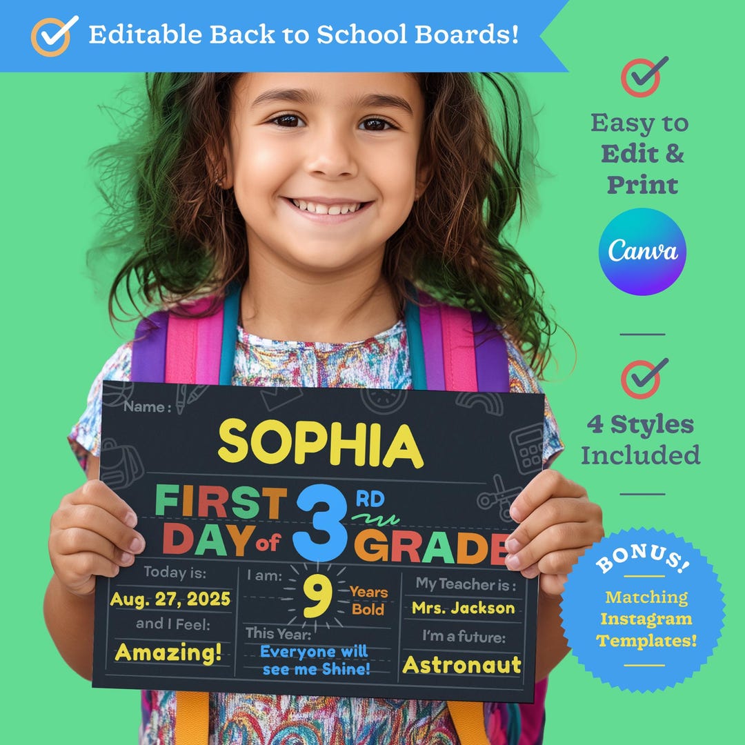 Editable First Day of School Sign: Photo Prop, Canva Template ...