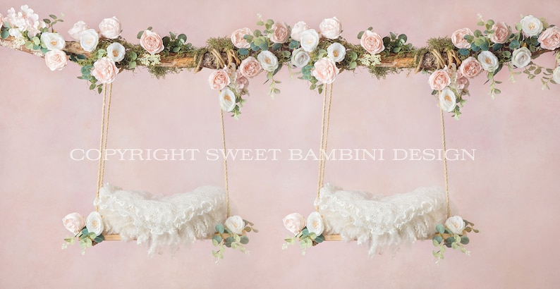 Twin Newborn Digital Backdrop - Wooden Floral Swings Decorated With ...