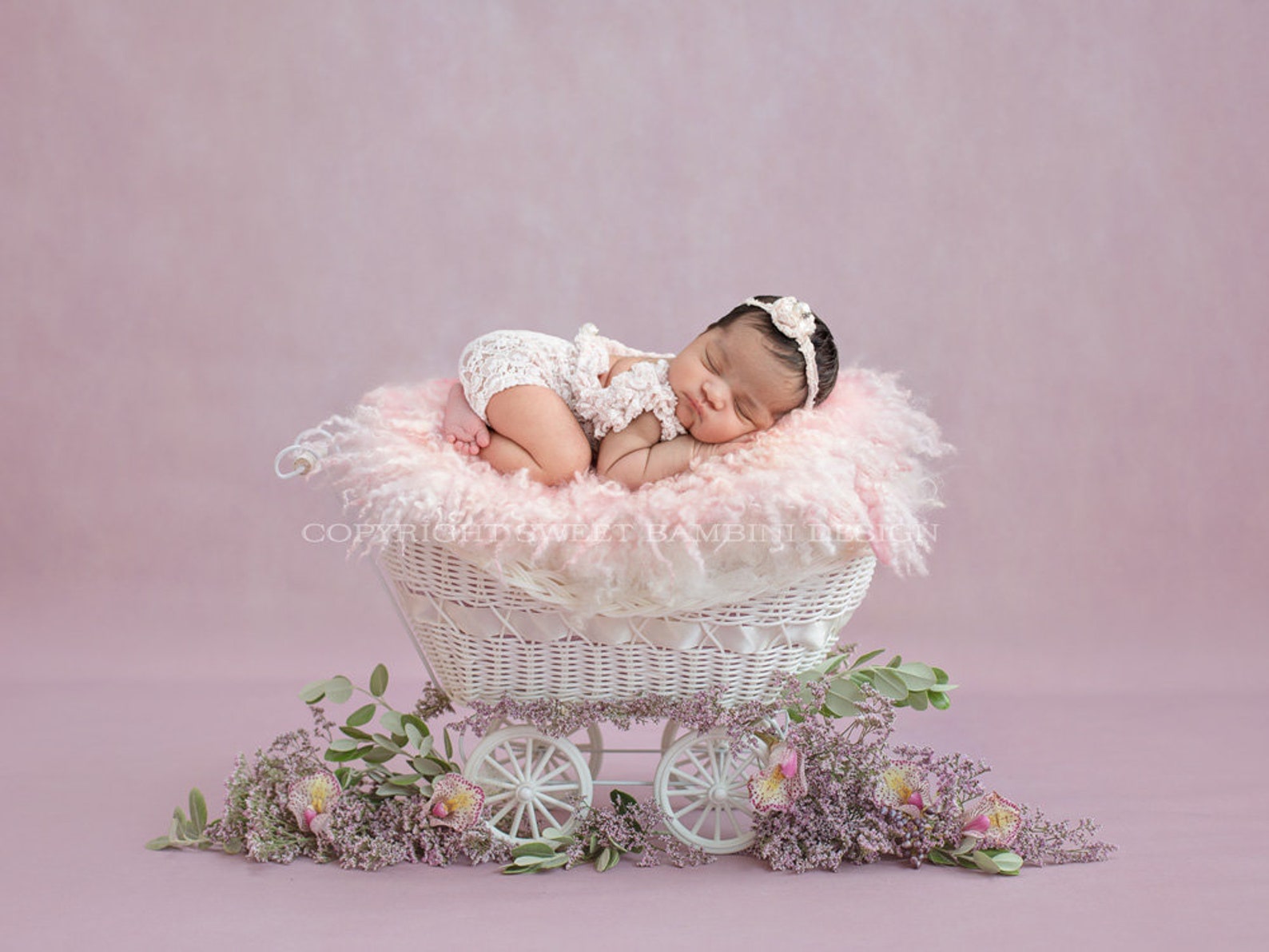 Newborn Digital Backdrop for Girls - Little White Pram, Shot on a Mauve ...