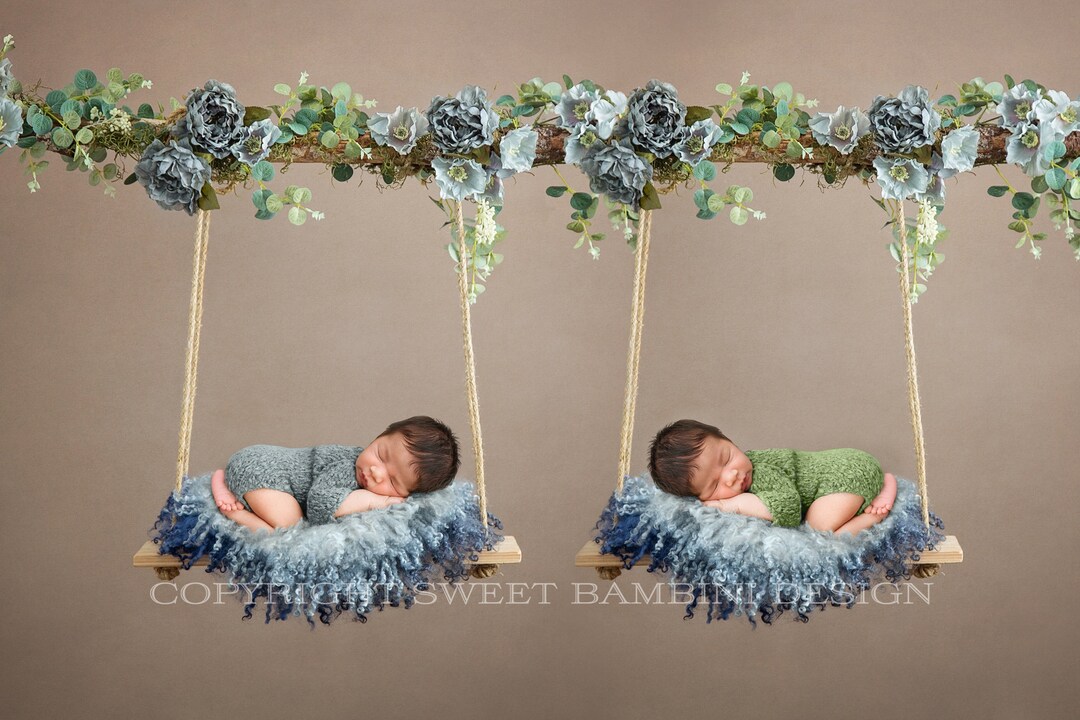 Newborn Digital Backdrop - Twin Wooden Floral Swings Decorated With ...