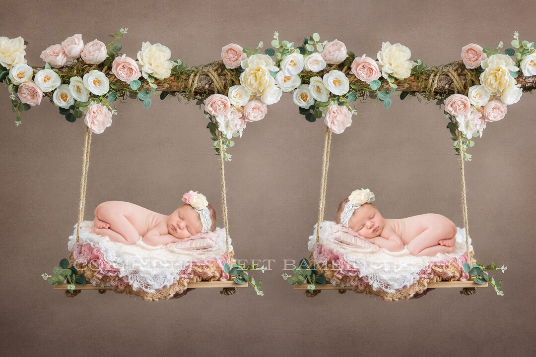 Newborn Digital Backdrop - Twin Floral Wooden Swings Decorated With ...