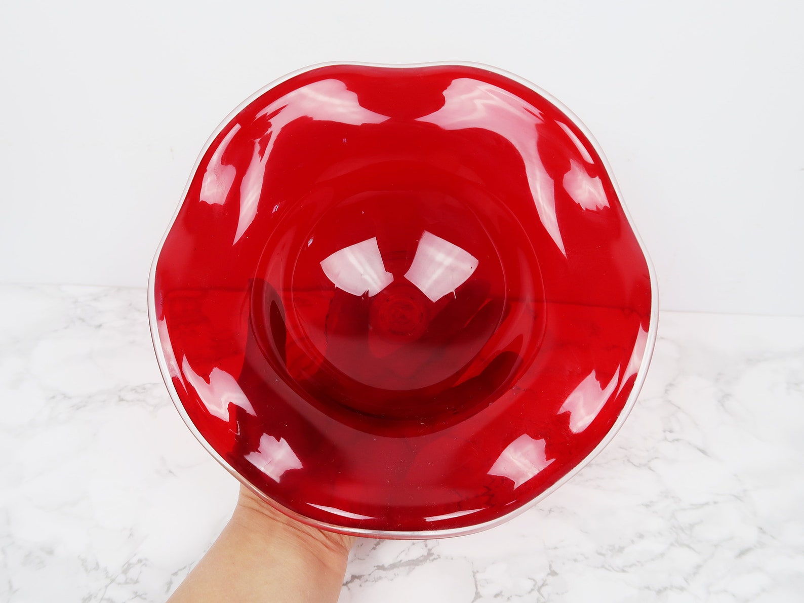 RED RUFFLE Pedestal Bowl Vintage Art Glass Clear Ruffled | Etsy