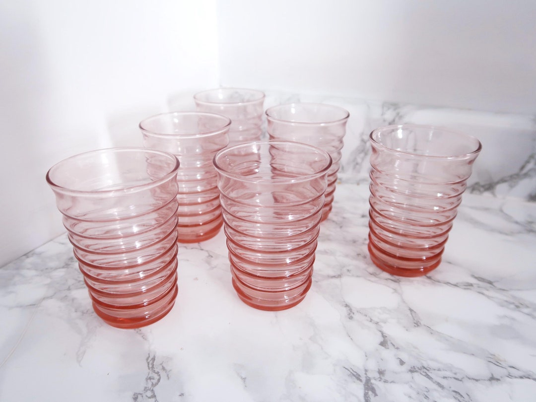 6 PINK RIBBED Glasses - Vintage Cocktail Tumbler Glass Cups Set Small ...