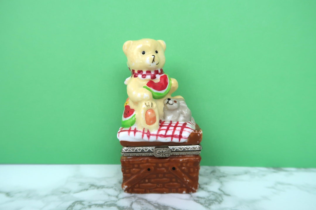TEDDY BEAR Box Vintage Small Ceramic Jewelry Ring Earring Holder Tiny ...
