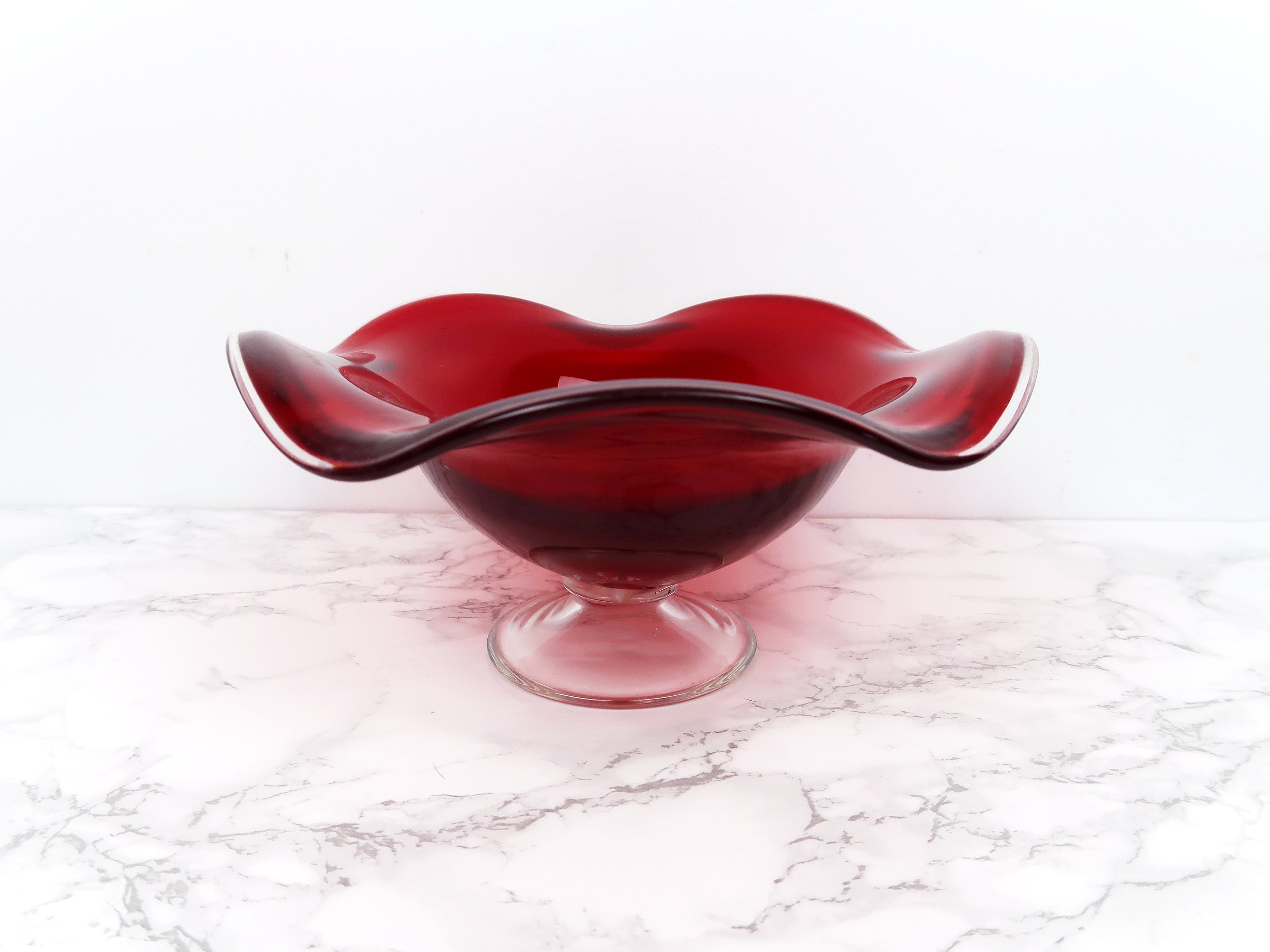 RED RUFFLE Pedestal Bowl Vintage Art Glass Clear Ruffled | Etsy