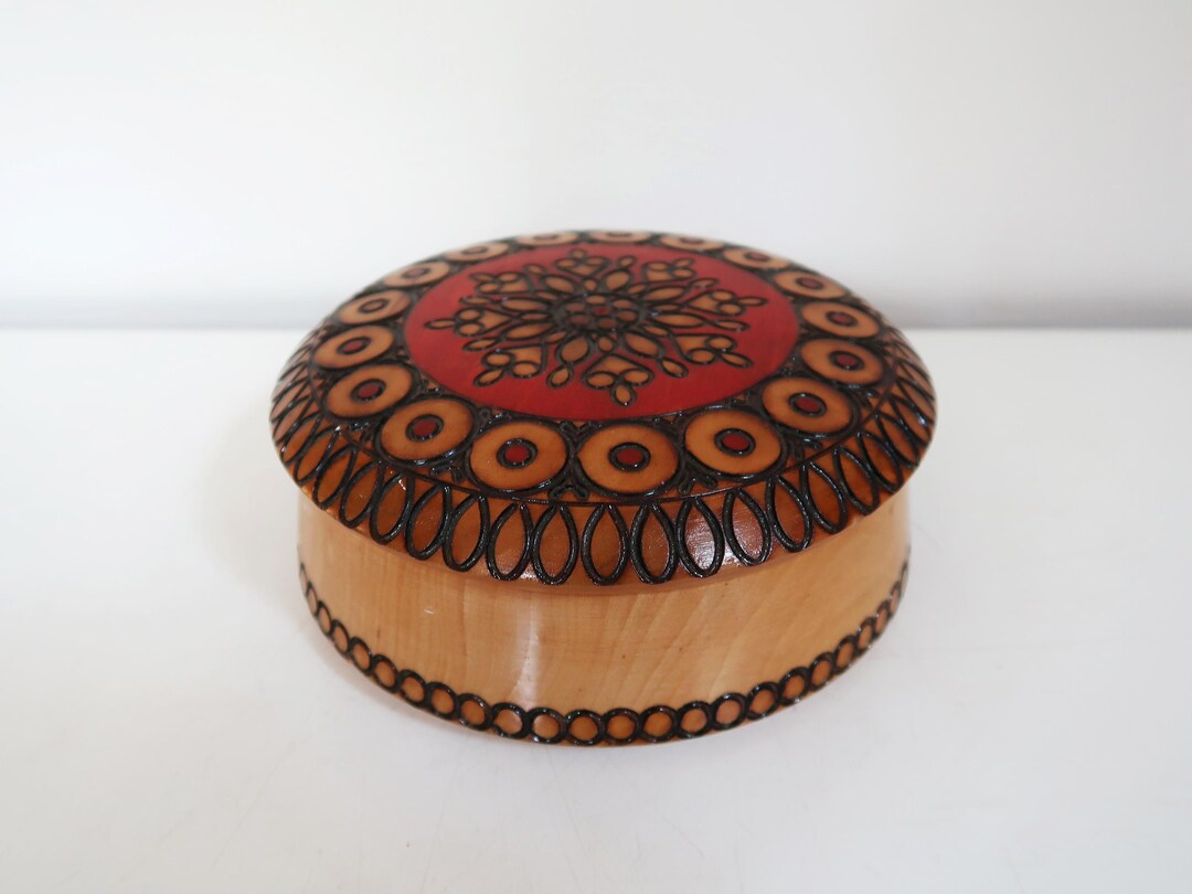 MANDALA Box - Vintage Wood Round Lid Jewelry Trinket Storage Catchall ...