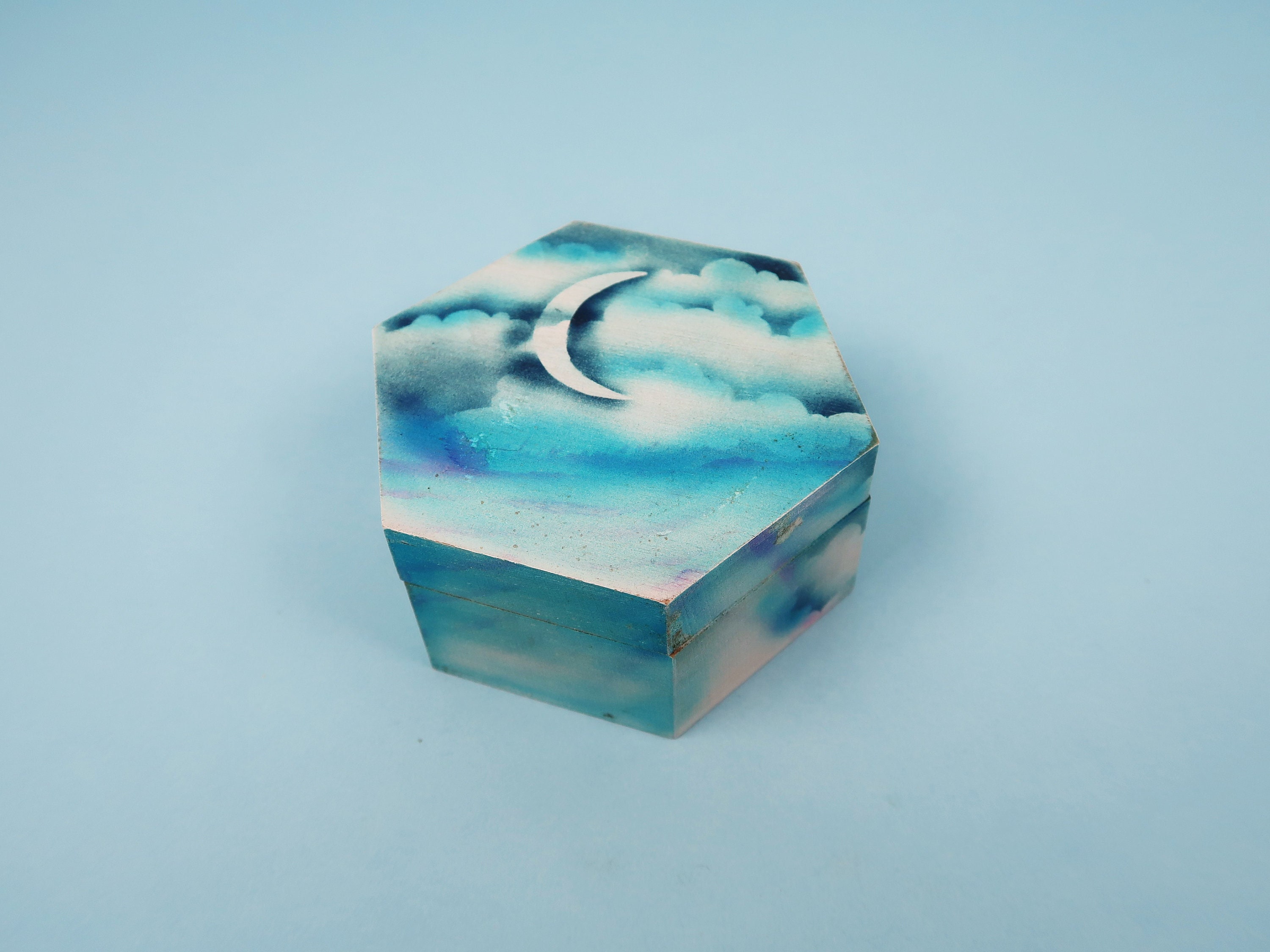 MOON & CLOUDS Box Vintage Wooden Hand Painted Airbrushed | Etsy