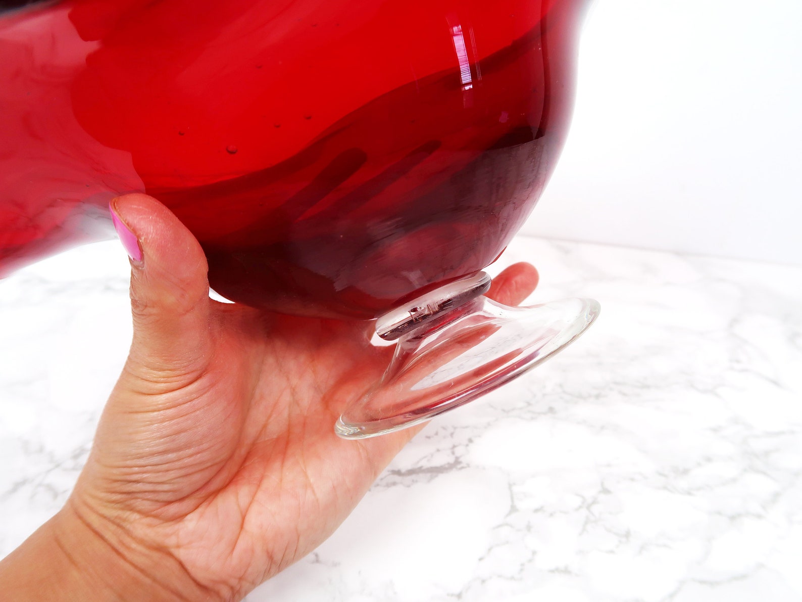 RED RUFFLE Pedestal Bowl Vintage Art Glass Clear Ruffled | Etsy