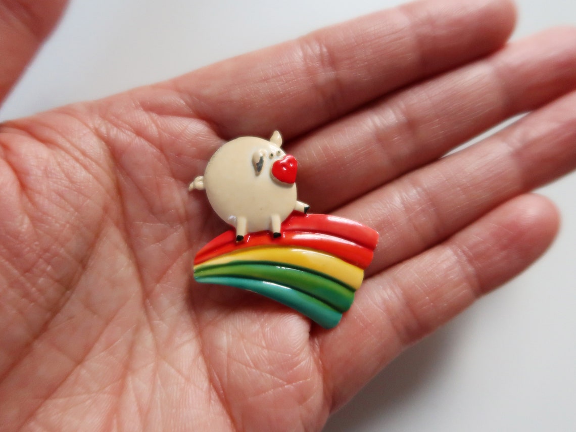 RAINBOW PIG Pin - Vintage Metal Enamel Cloisonne Lapel Brooch Accessory ...