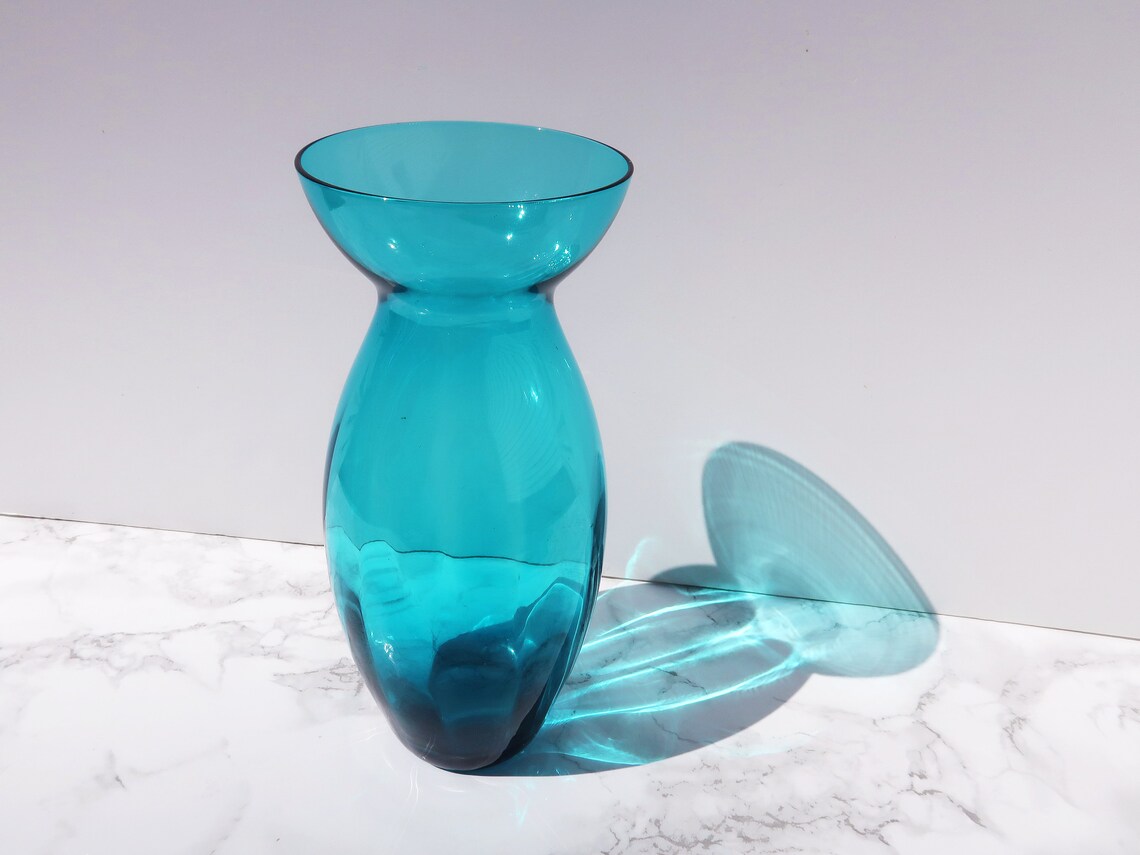 AQUA GLASS Vase Vintage Oval Round Bulbous Bud Blue | Etsy