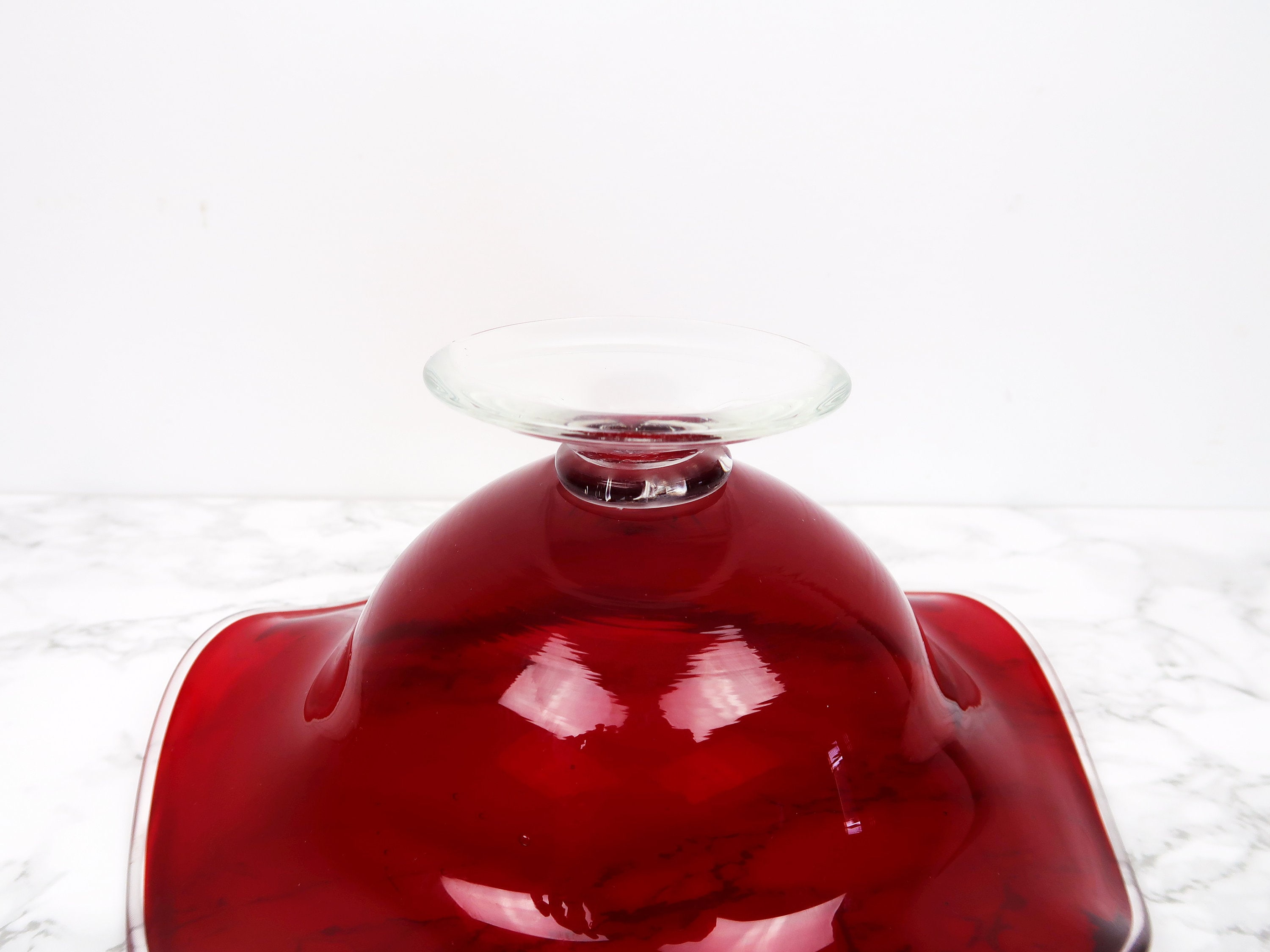 RED RUFFLE Pedestal Bowl Vintage Art Glass Clear Ruffled | Etsy