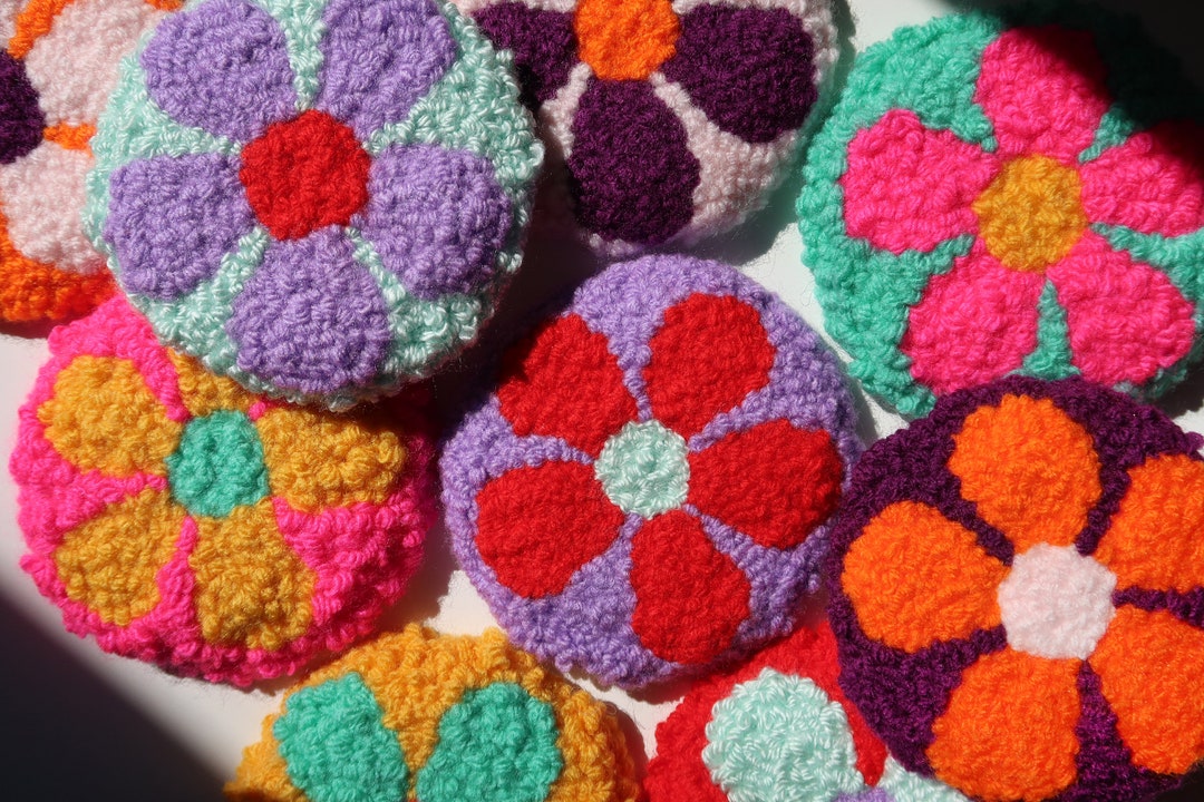FLOWER Mug Rugs - Set of 3 Handmade Punch Needle Coasters - Colorful ...