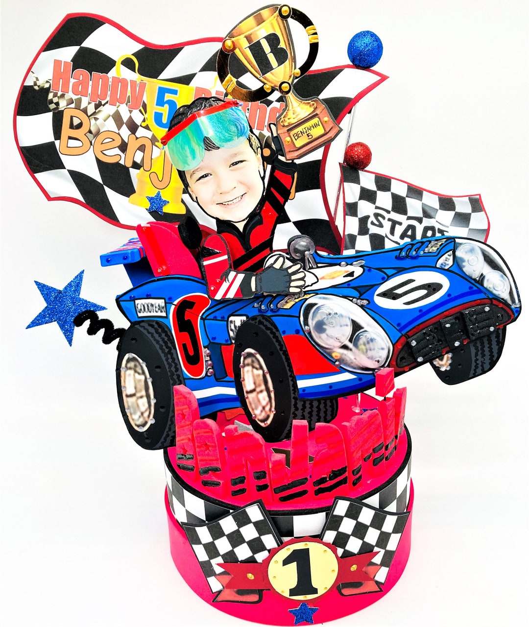 Vintage Race Car Party Cake Topper Personalized, Checkered Flag Racing ...