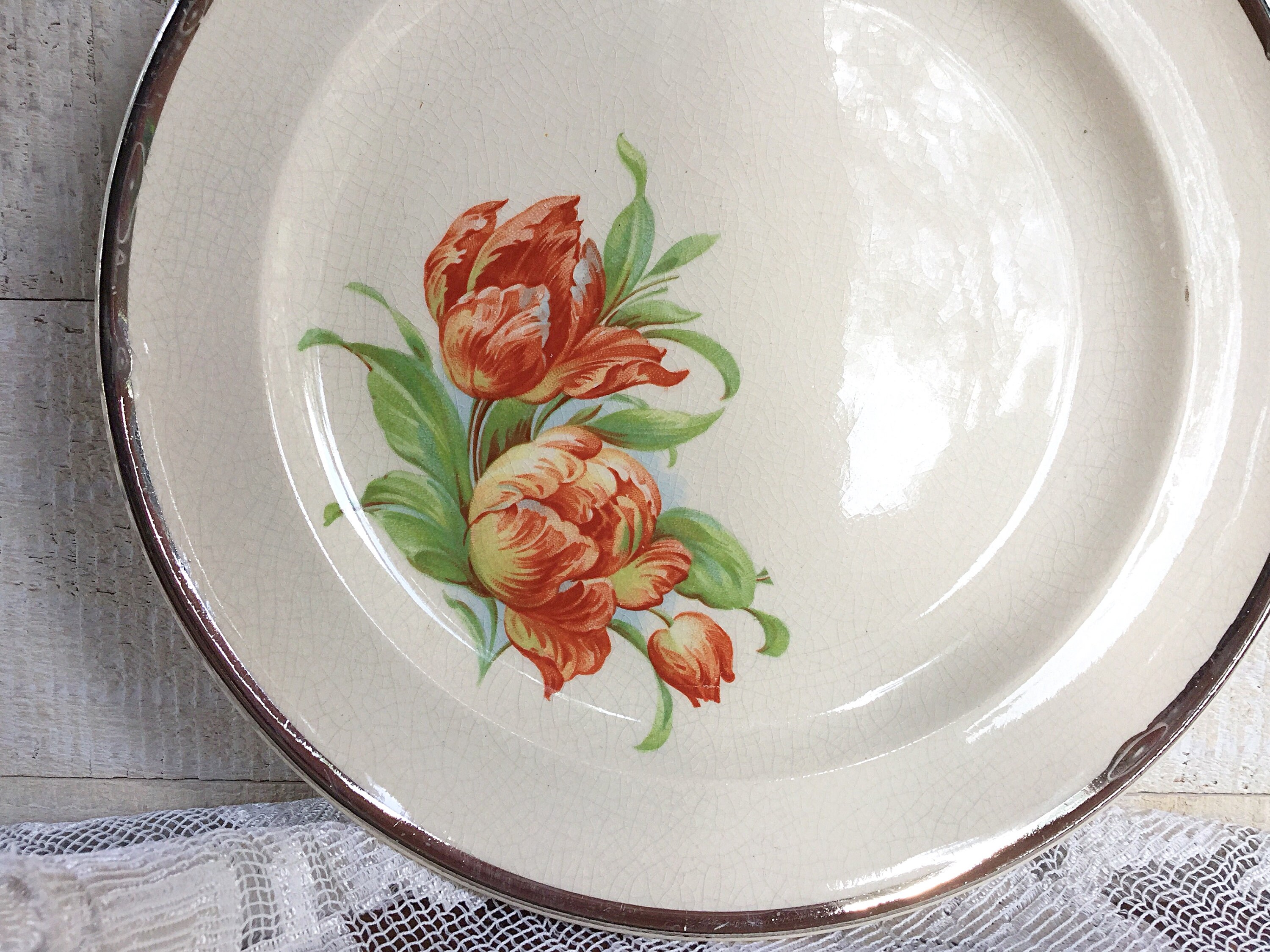 Orange Tulip plate with lace doily American Chinaware | Etsy