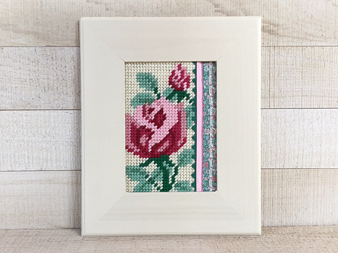 Framed Pink and Red Rose, Needlepoint Rose, Shabby Rose Wall Art - Etsy