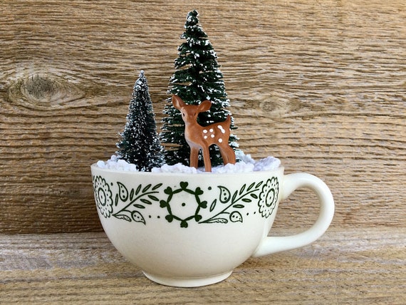 Christmas Tabletop Woodland Winter Scene in Vintage Teacup - Etsy
