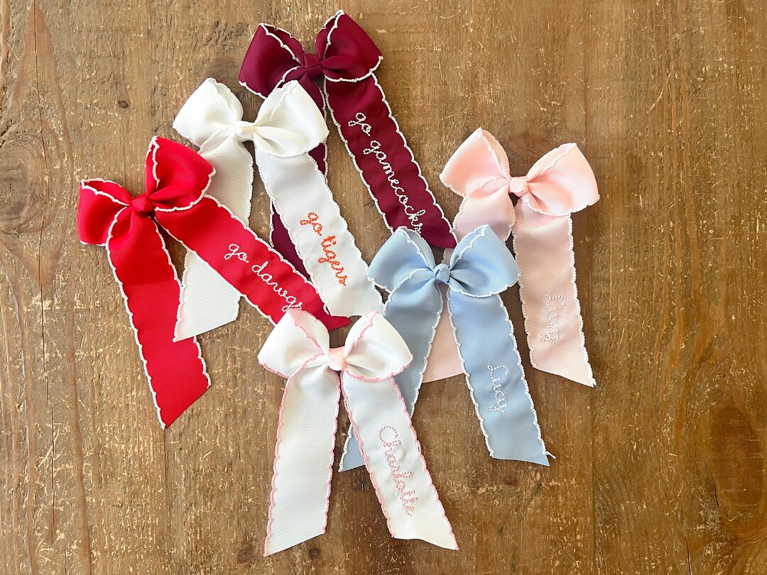 Personalized Hair Bow, Preppy, Picot Trim, Script Font, Moonstitch ...
