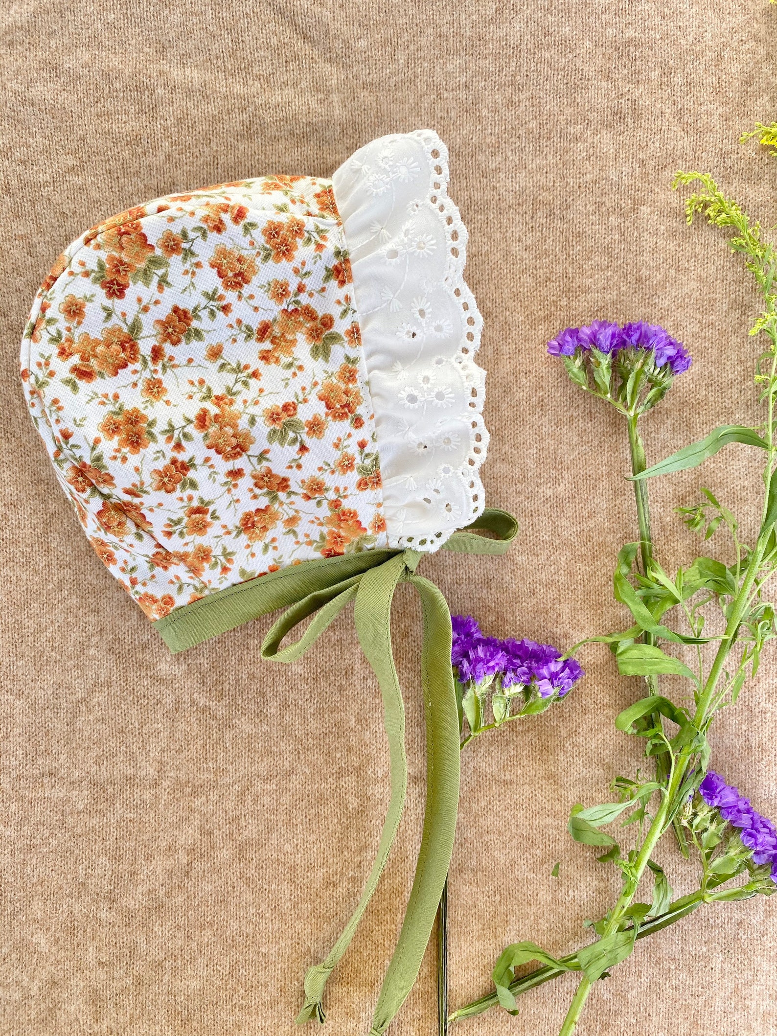 Reversible Baby Bonnet, Floral Cotton Hat With Eyelet Lace - Etsy