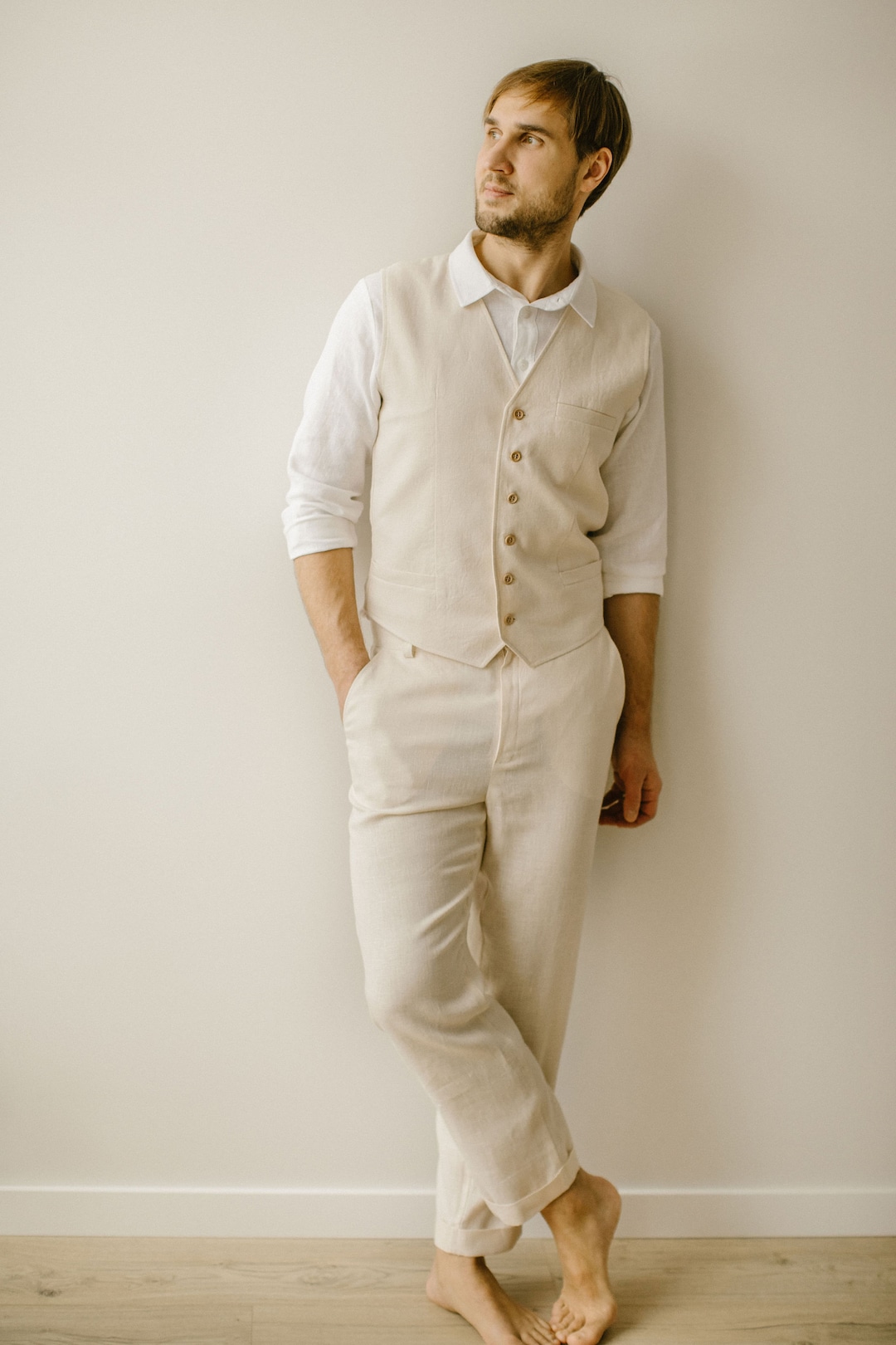 Rustic Linen Wedding Suit for Men: Casual Trousers & Waistcoat Set ...
