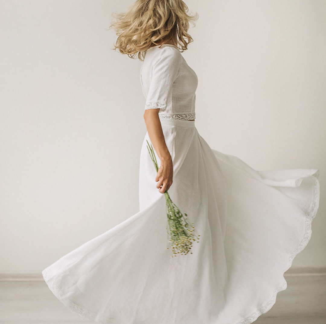 Crop Top Linen Wedding Dress, Rustic Wedding Bridal Gown, Two Piece ...