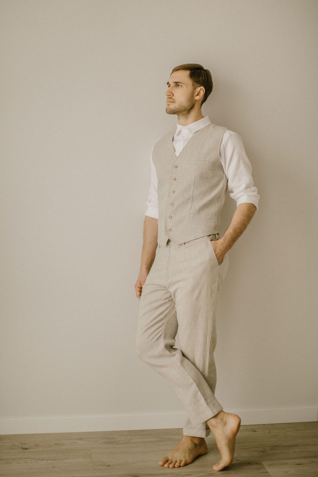 Linen Simple Wedding Suit (set of 2), Linen Groom Set, Pants Vest Set ...