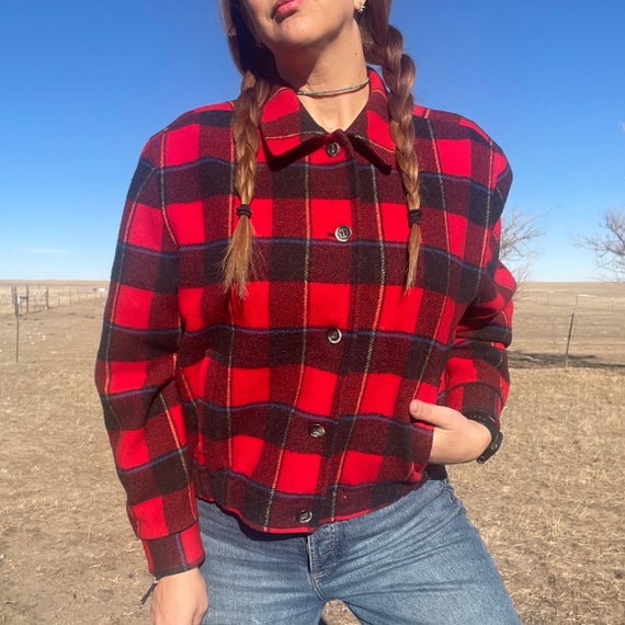 Vintage Pendleton Red Buffalo Plaid Bomber Style Wool… - Gem