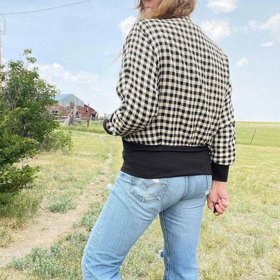 Vintage 80s Black & Cream Checkered Bomber Style Jacket With Shoulder ...