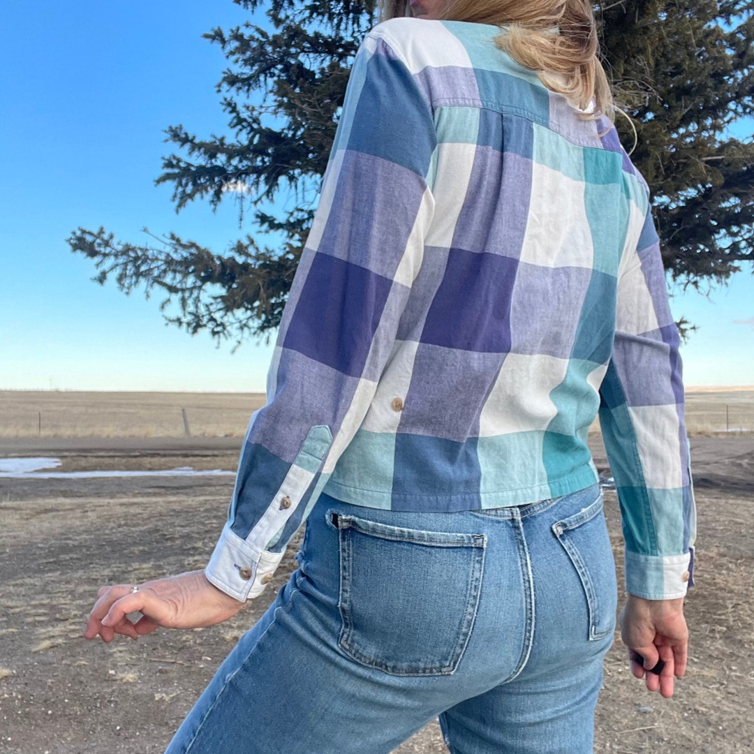 Vintage Boxy Cropped Blue Large Check Plaid Blouse With Shoulder Pads ...