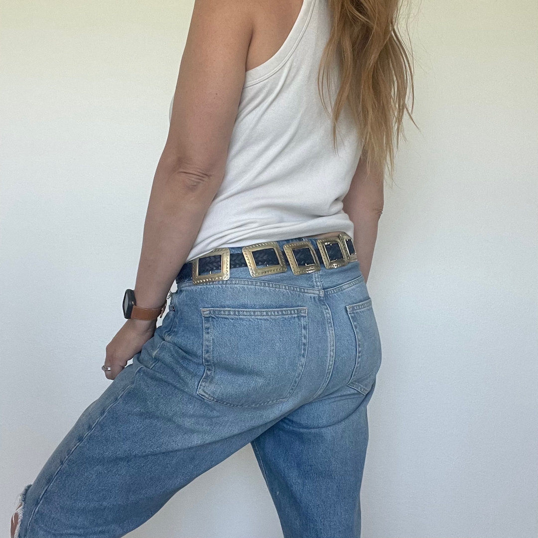 Vintage Navy Braided Leather Adjustable Belt With Tooled Silver ...