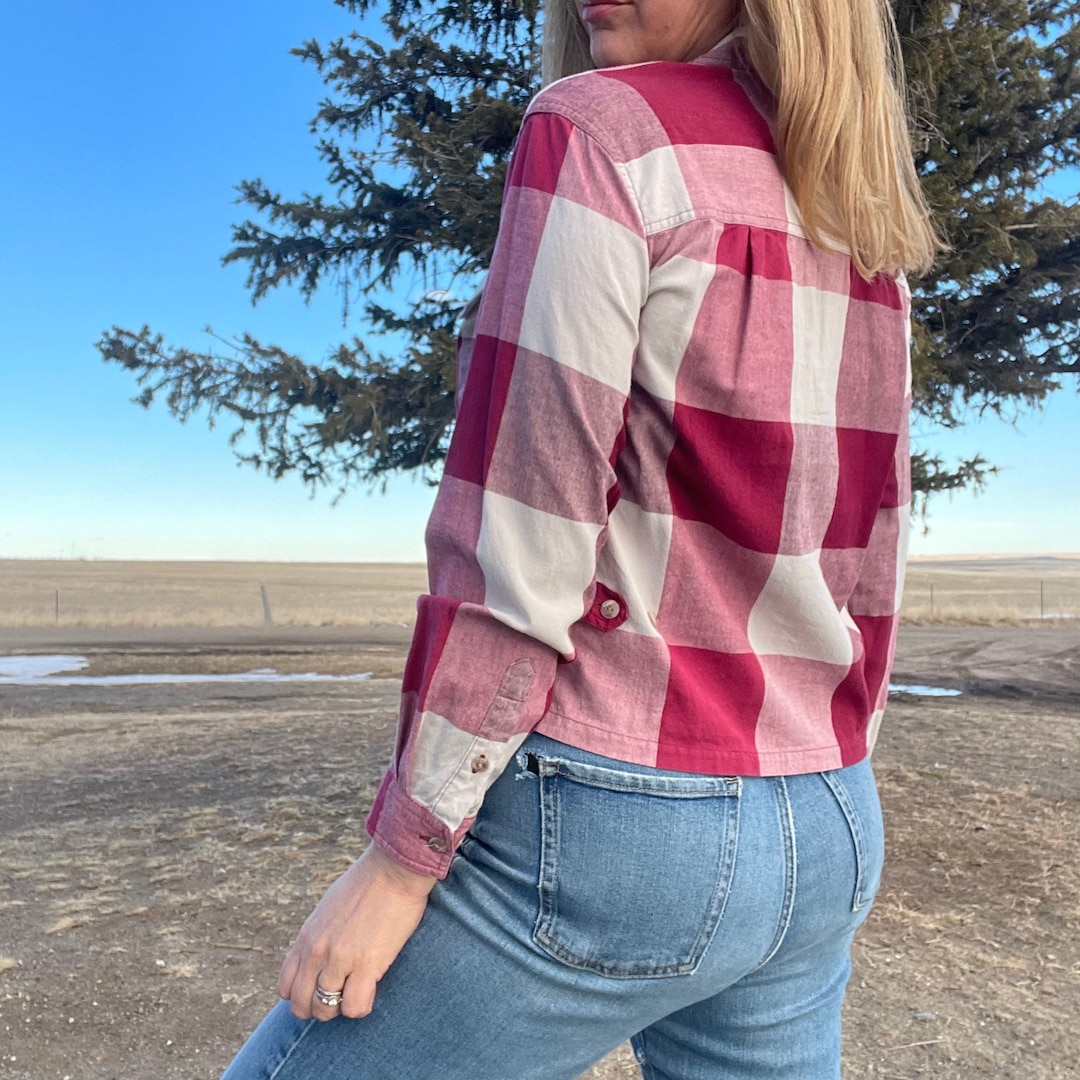 Vintage Boxy Cropped Brick Red & White Large Check Plaid Blouse With ...
