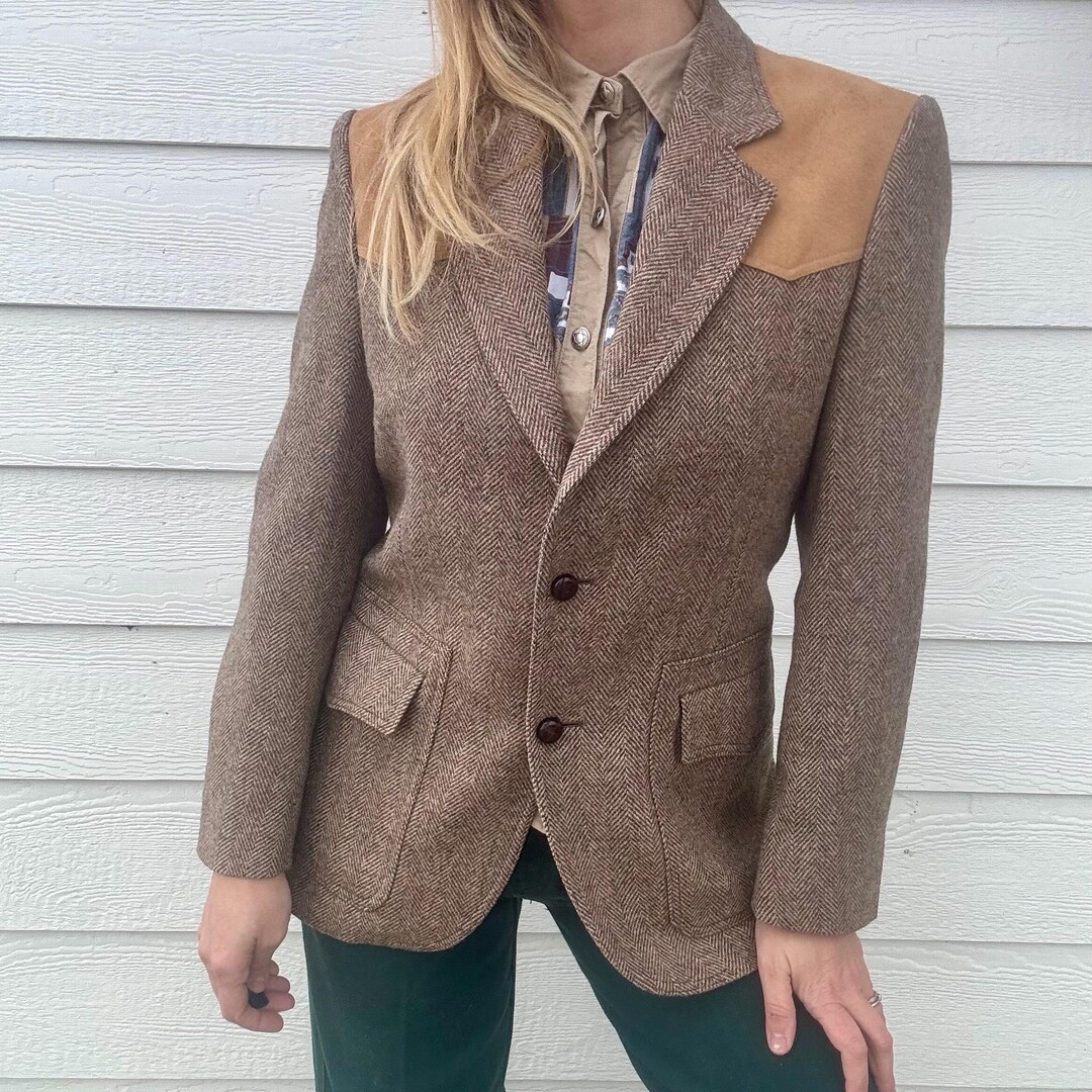 Vintage 70s Pendleton Brown Herringbone With Tan Suede Yoke & Elbow ...