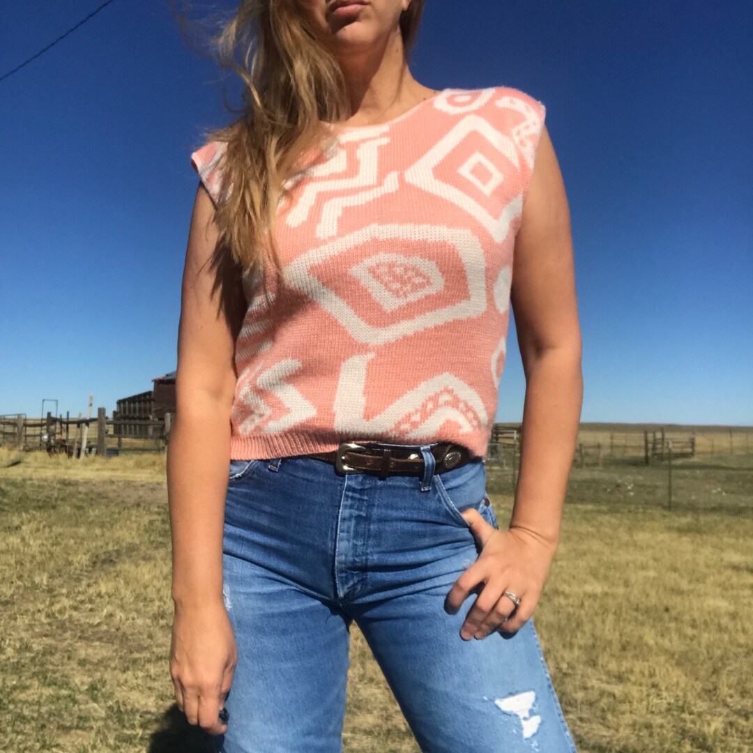 Vintage 80s Peach Sleeveless Tribal Print Knit - Etsy