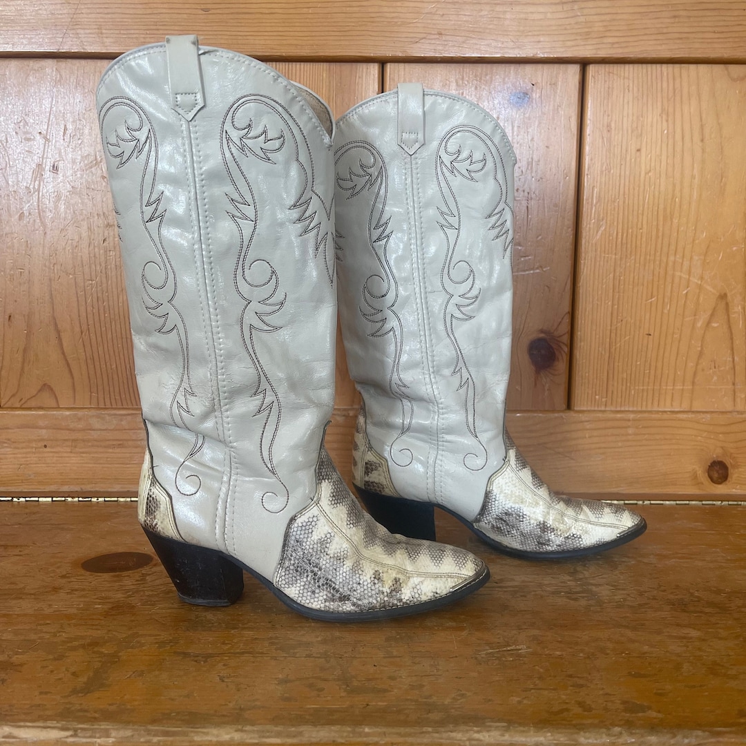 Vintage Acme Ivory Snake Print and Leather With Metal Toe Guard Tall ...