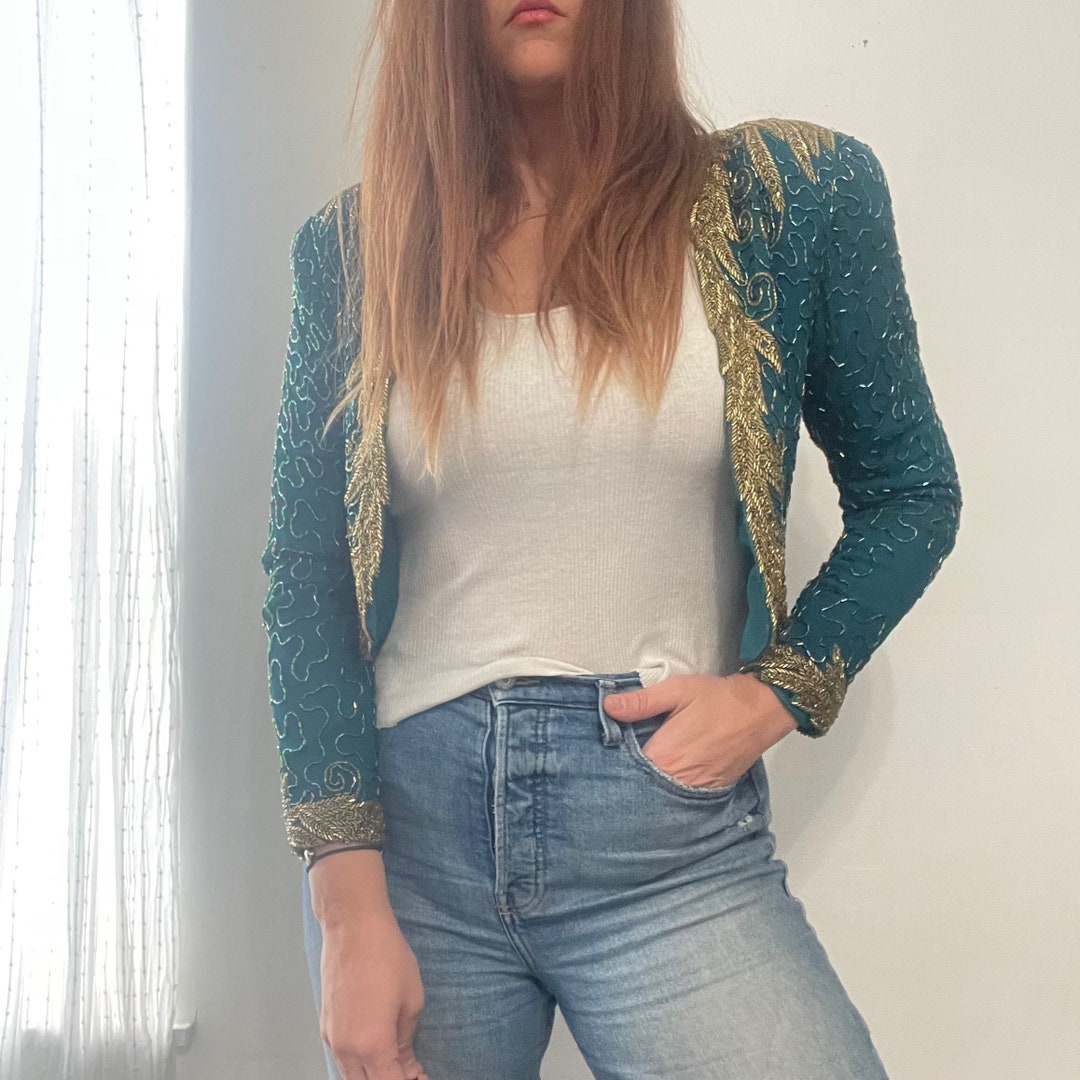 Vintage 80s Teal & Gold Beaded Jacket With Shoulder Pads - Etsy