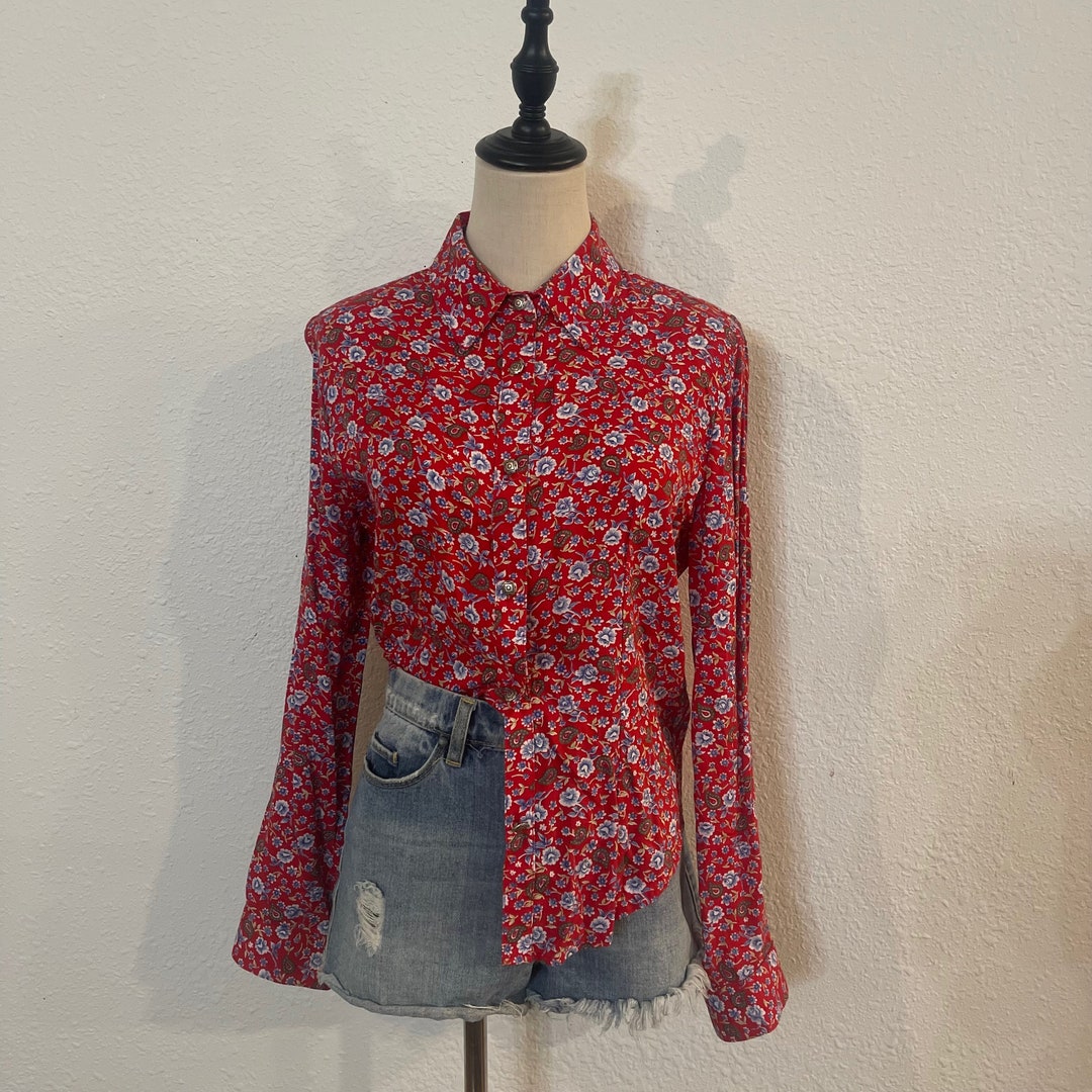 Vintage 90s Red Floral Tooled Button Western Blouse - Etsy