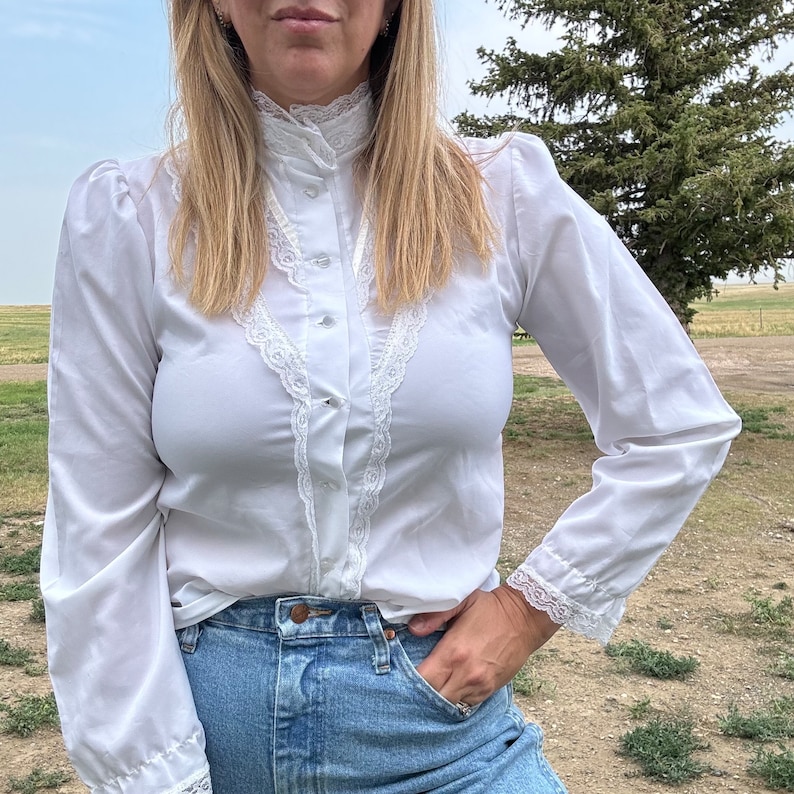 Vintage 80s Cirel Fashion High Neck Prairie Blouse With Lace & Pearl ...
