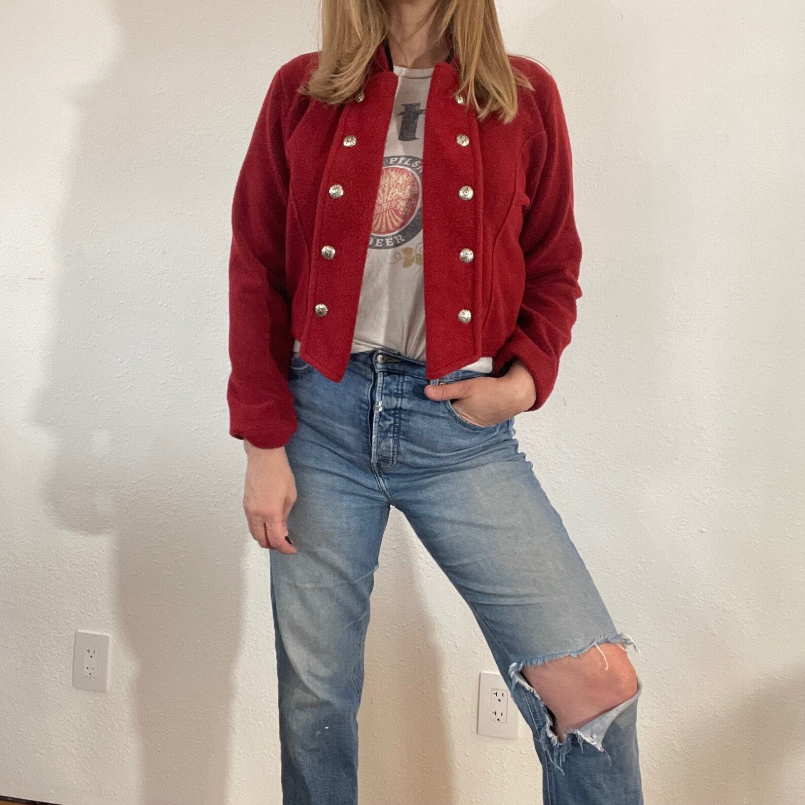 Vintage Brick Red Cozy Double Breasted Weskit Jacket With Silver ...
