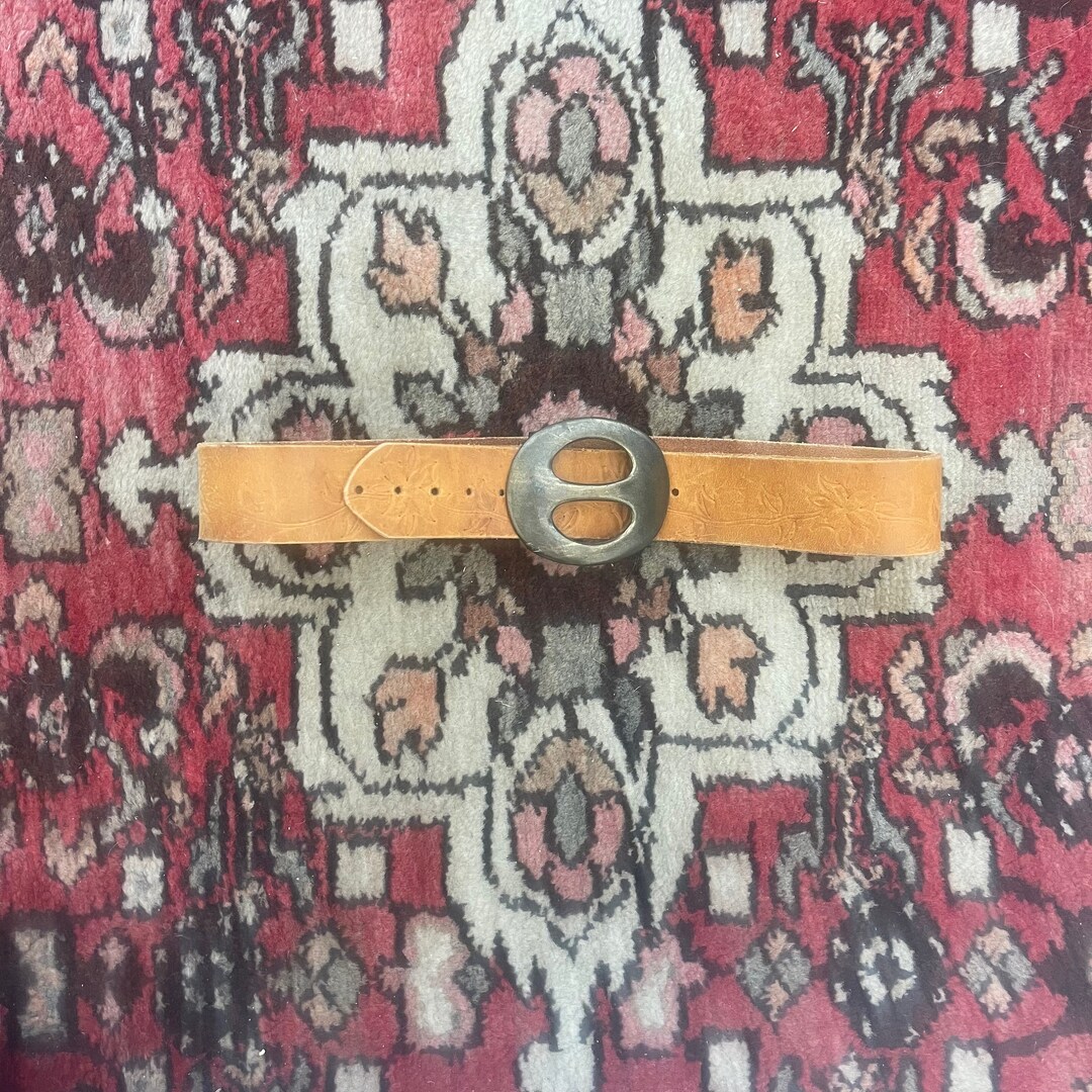 Vintage Camel Tooled Leather Wide Western Belt With Brass Circle Buckle ...