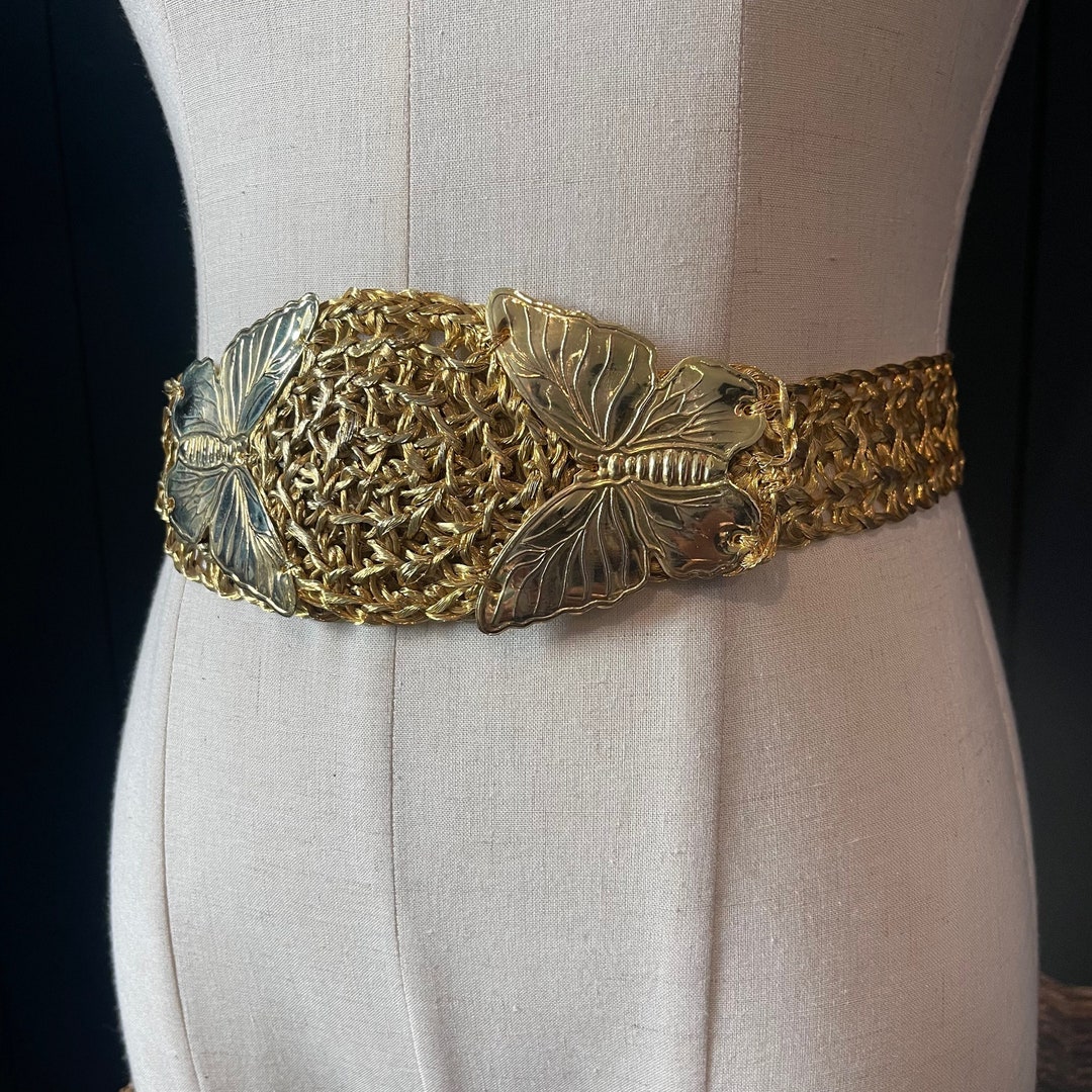 Vintage Metallic Gold Wide Braided Belt With Gold Double Butterfly ...