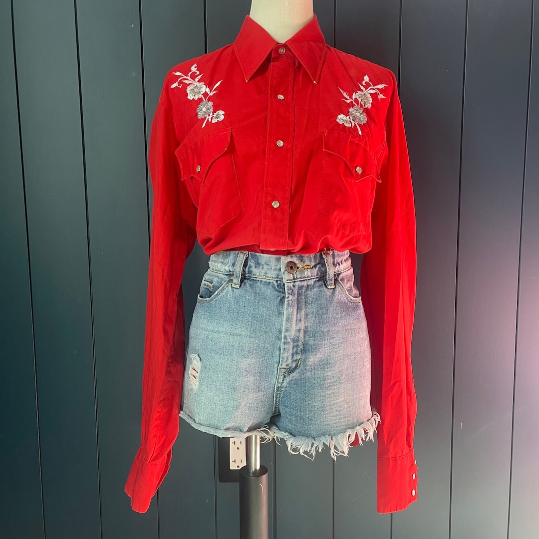 Vintage Western Red Sawtooth Western Pearl Snaps With Floral Embroidery ...