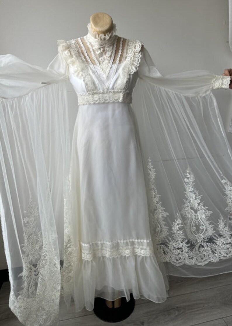 Vintage 70s Winged Wedding Dress, Repurposed Sequin Detail, Victorian ...