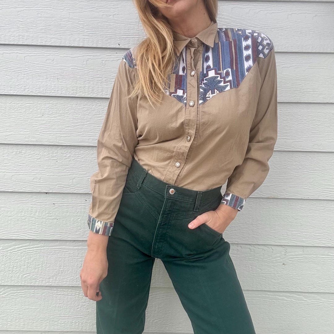 Vintage 80s/90s Sas'sa Made in USA Khaki Western Blouse With ...