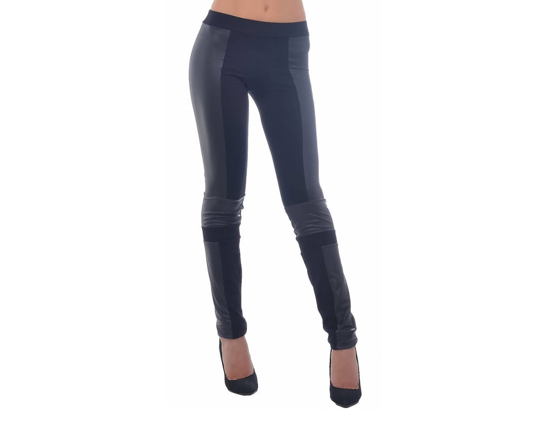 Zwarte vrouwen leggings met faux lederen elementen / hoge taille ...