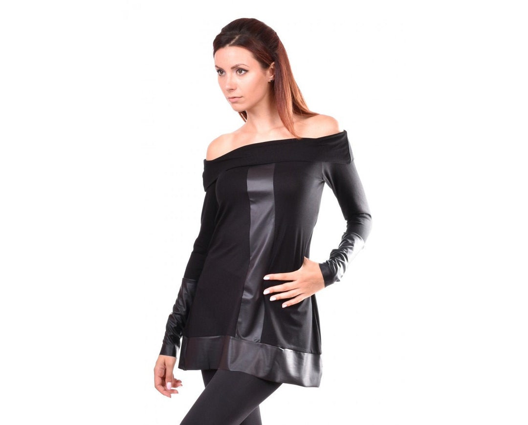 Black Lady Tunic, With Bare Showlders and Faux Leather Elements - Etsy