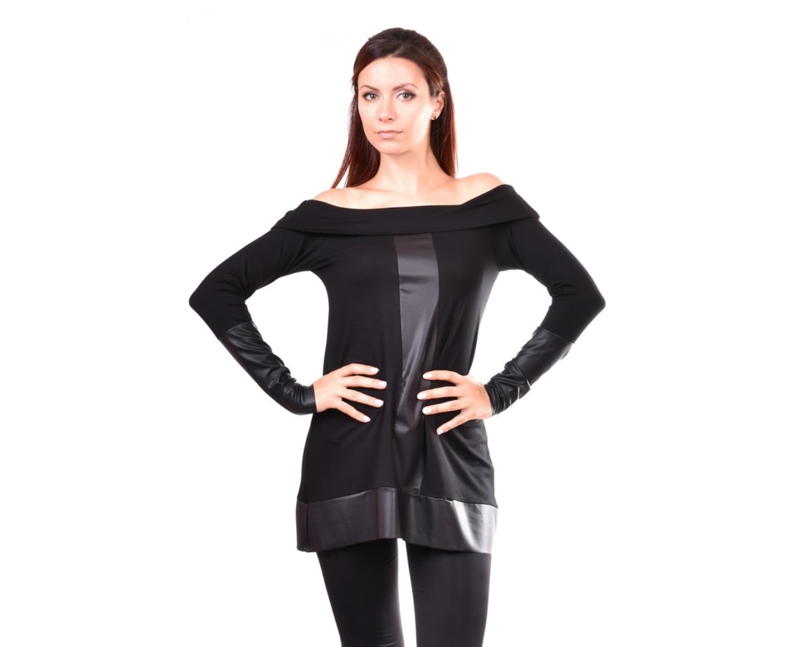 Black Lady Tunic With Bare Showlders and Faux Leather | Etsy