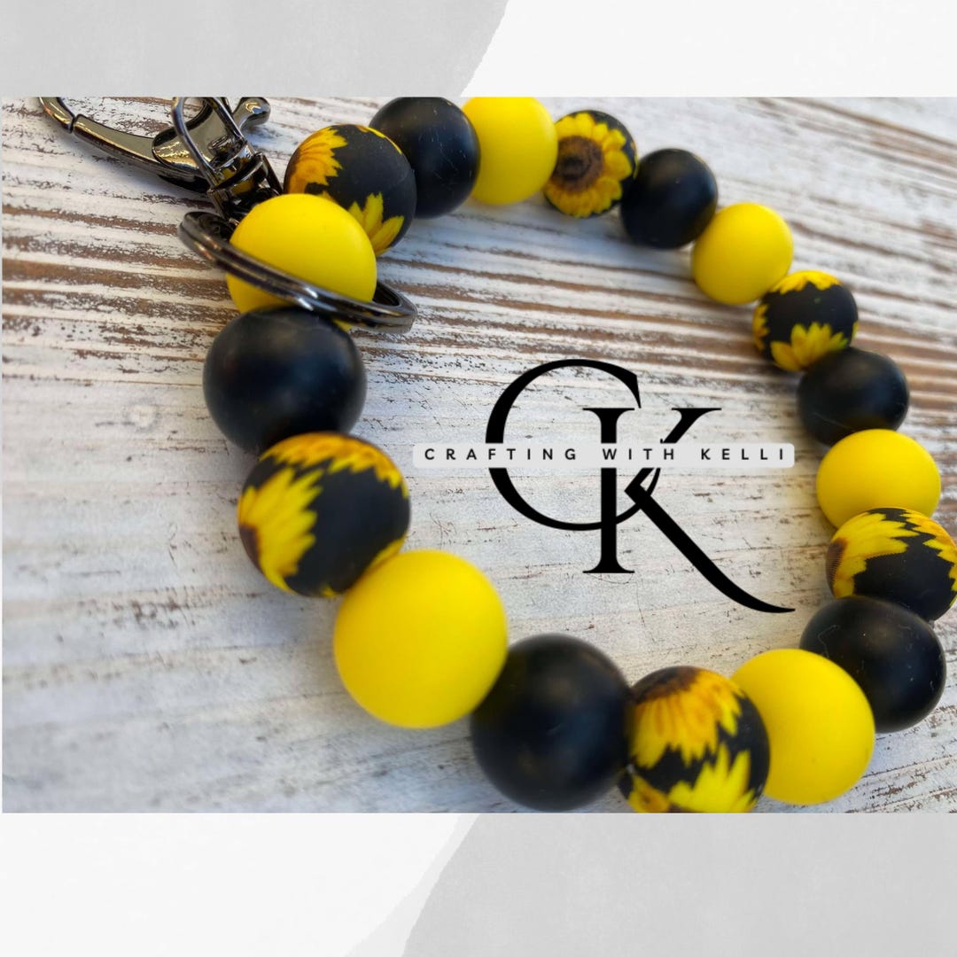 Sunflower Wristlet Keychain, Sunflower Beaded Wristlet, Cute Beaded ...