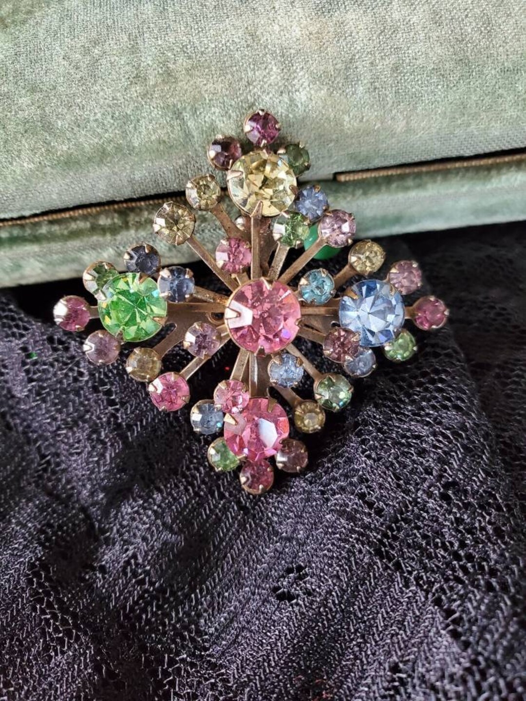 Large Vintage Pastel Rhinestone Brooch Pink Blue Green Crystal ...